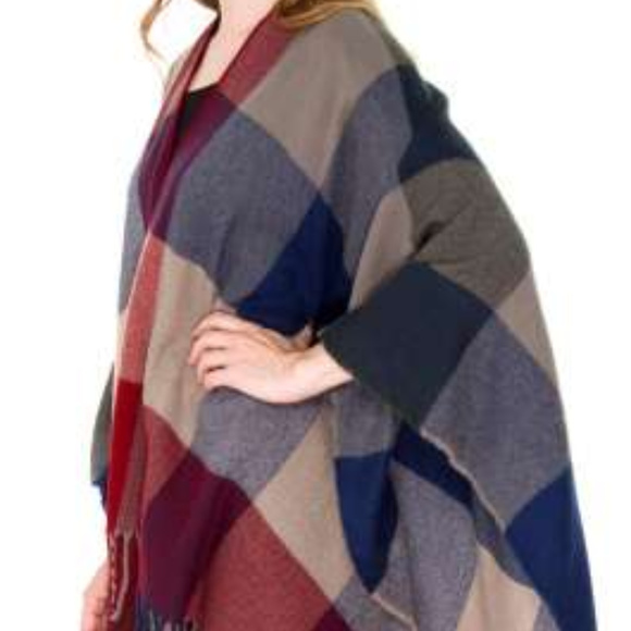 Accessories | Check Print Ruana With Fringes Shawl Scarf | Poshmark